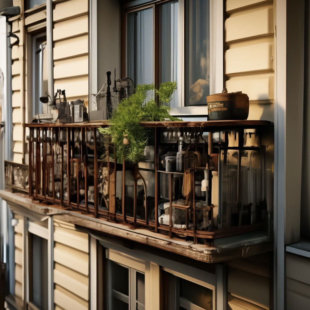 "A balcony in the Soviet Union. The old balcony with a rusty railing is ...