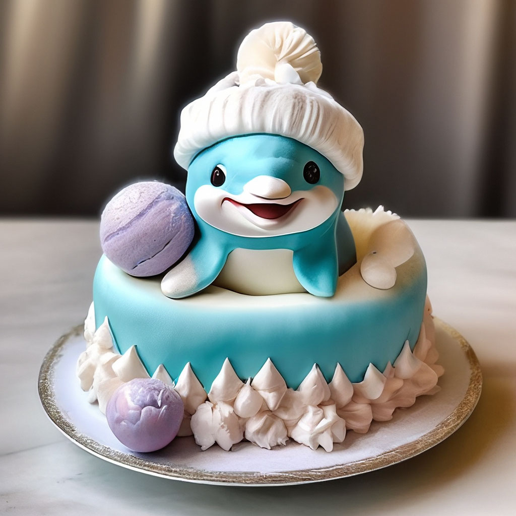 "Meringue cake in the form of a cute fluffy big-eyed dolphin in a scarf ...
