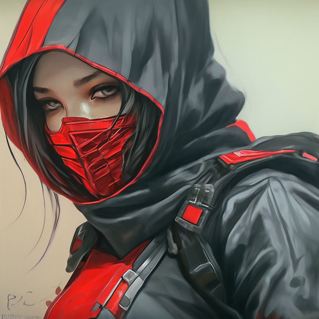 "Character concept art, girl in balaclava, black jumpsuit, red ...