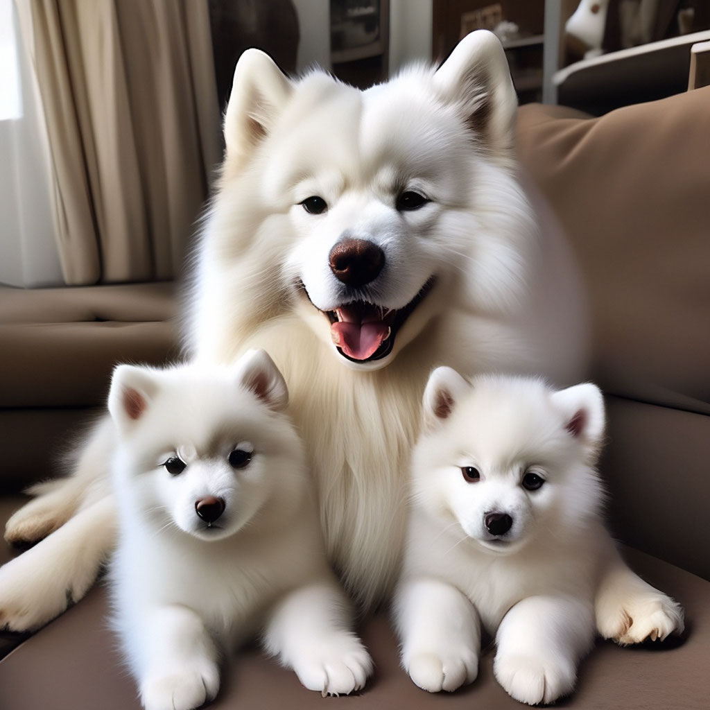 samoyed breed dog with two puppies, cute expressive eyes" — image ...