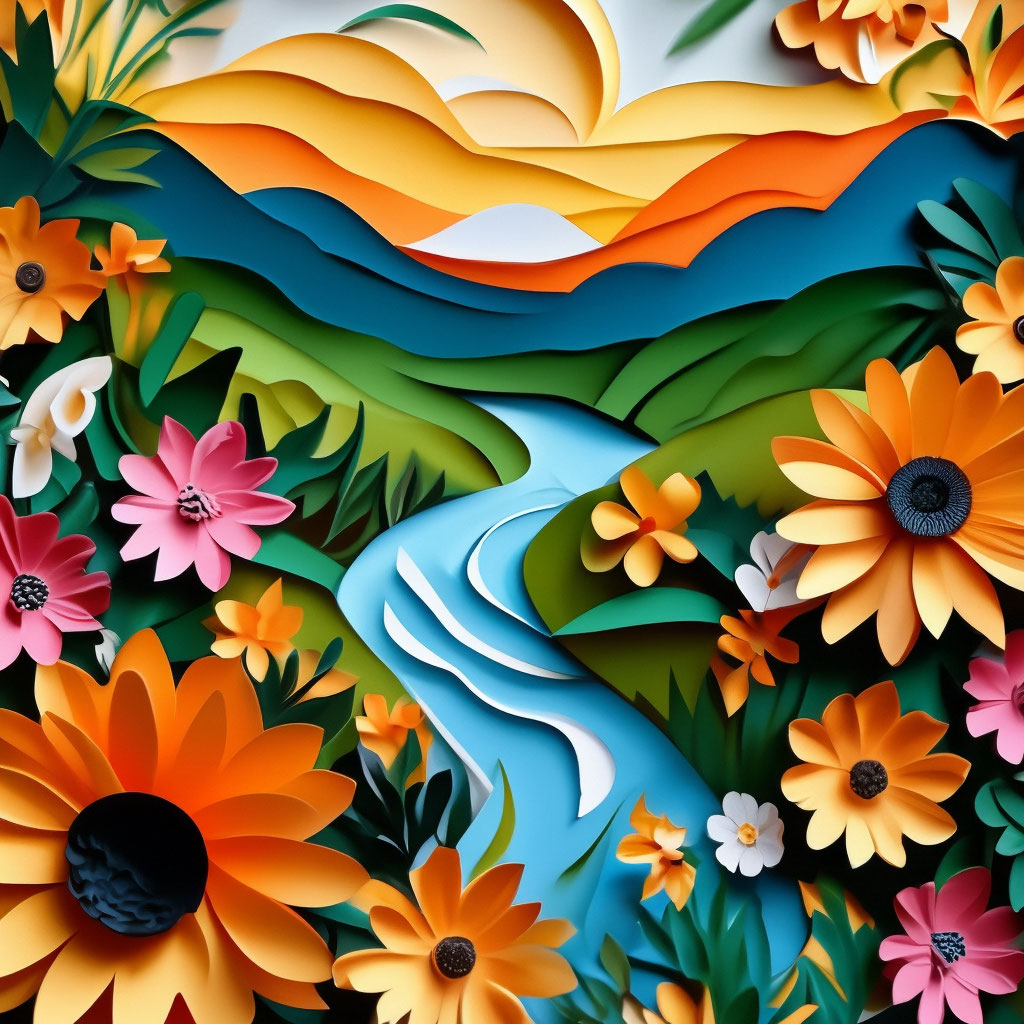 "Summer landscape, paper art, paper, bright colors, flowers" — image ...