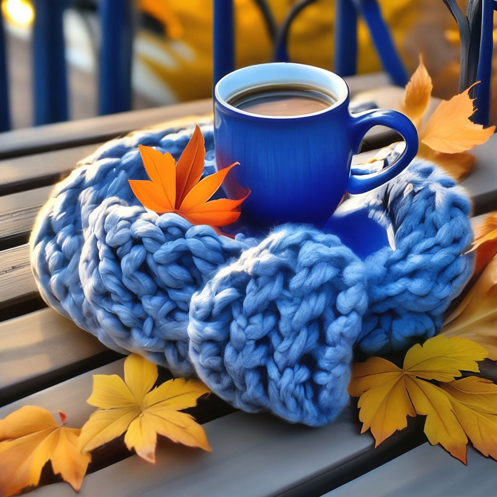 "GOOD MORNING☕ a blue porcelain cup with fragrant coffee wrapped up to ...
