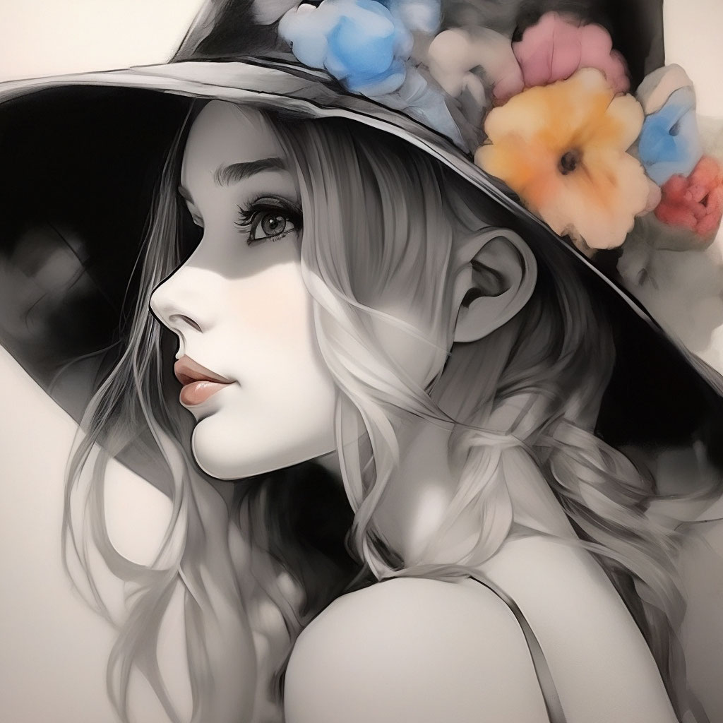 "Girl, in a hat, profile, open gaze, languid gaze, ink painting, adding ...