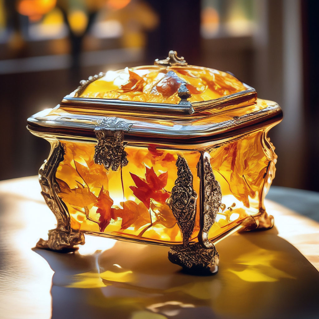 "Porcelain amber casket with autumn leaves, rays of light, on an ...