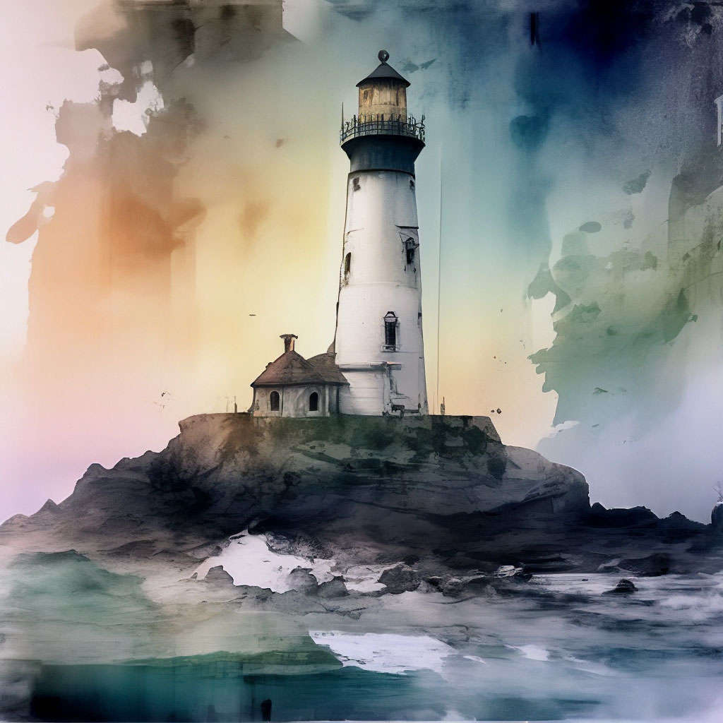 "A lonely lighthouse in the sea watercolor grunge+ digital-art+ pixel ...
