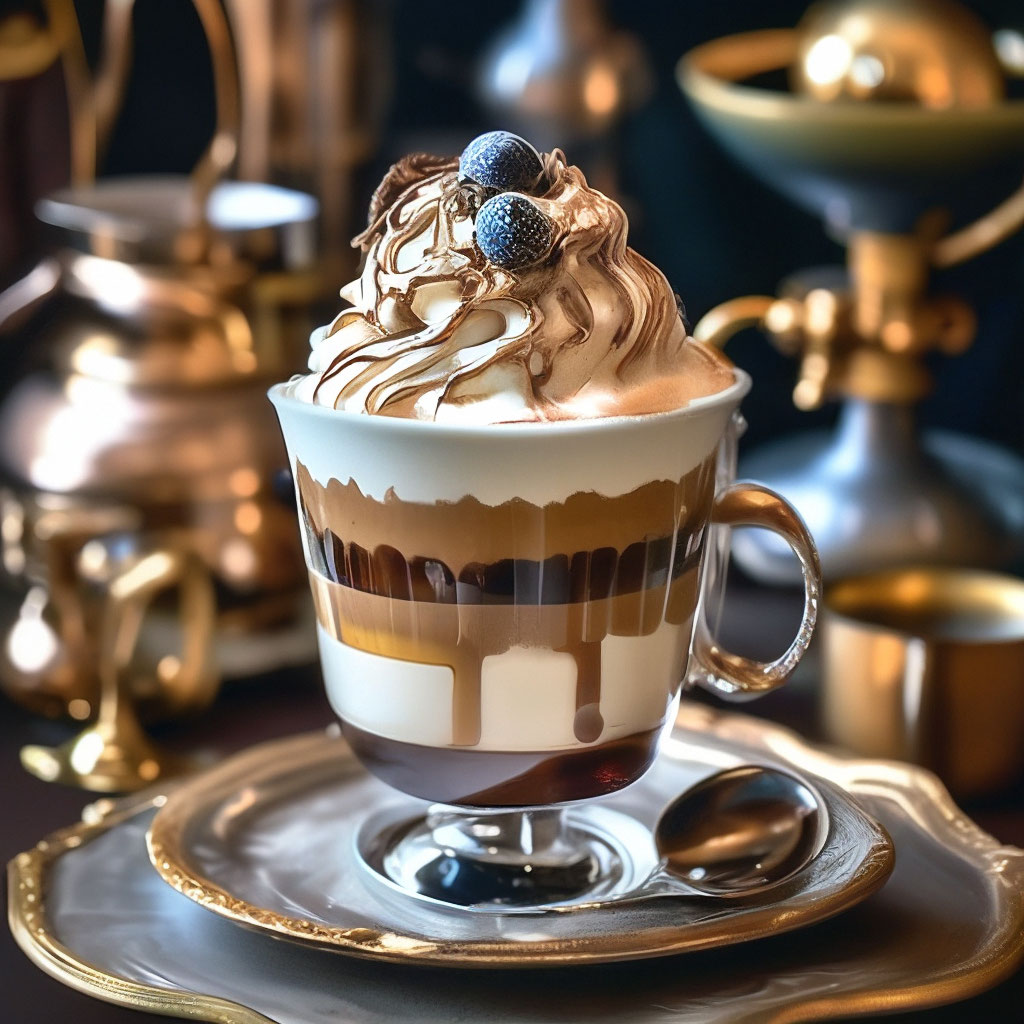 "Delicious parfait, cappuccino coffee with foam, delicate color palette ...