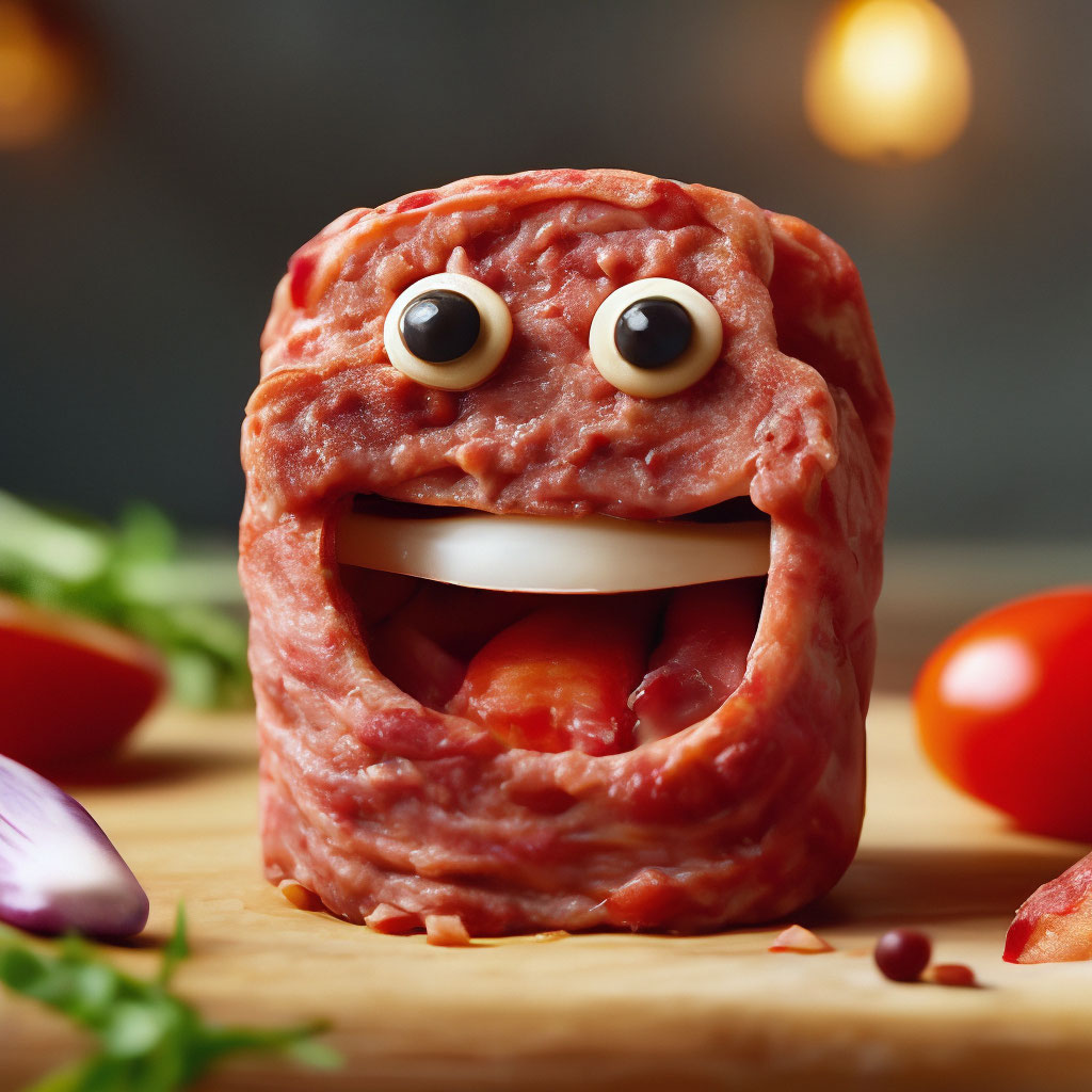 "Smiling minced meat, with mimic eyes" — image created in Shedevrum