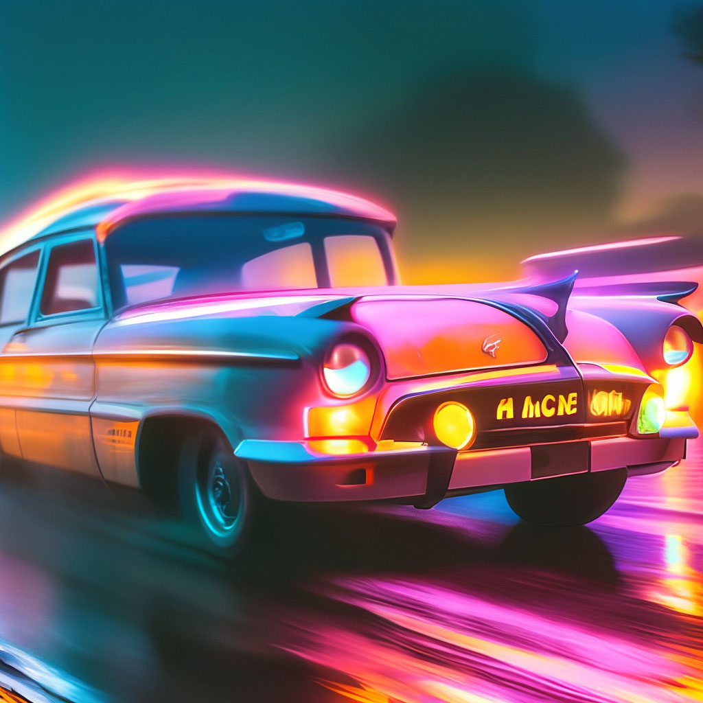 "A Neon Car is driving on a neon Road" — image created in Shedevrum