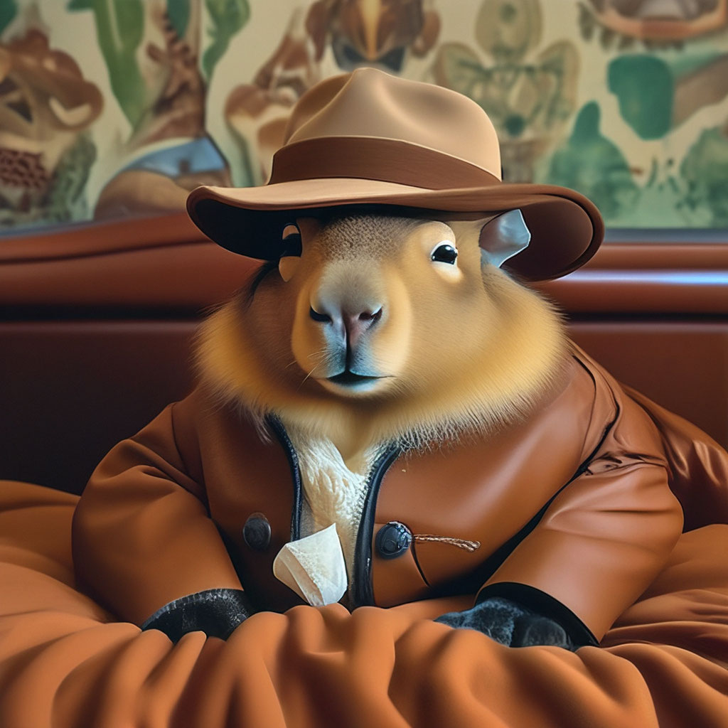 "A capybara in a brown jacket with a hat on her head from 1990 is ...