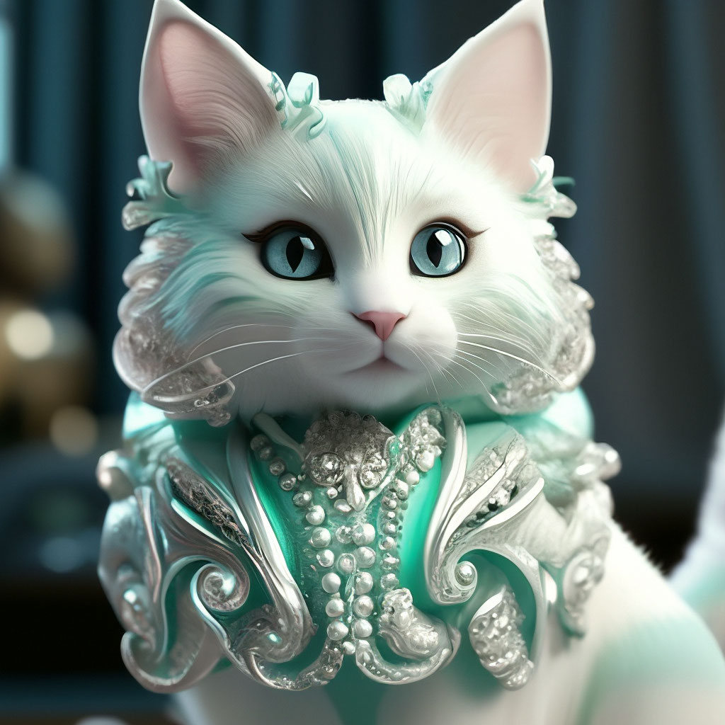"CGI, cute fabulous pearl-mint cat, hyperdetalized six, big black ...