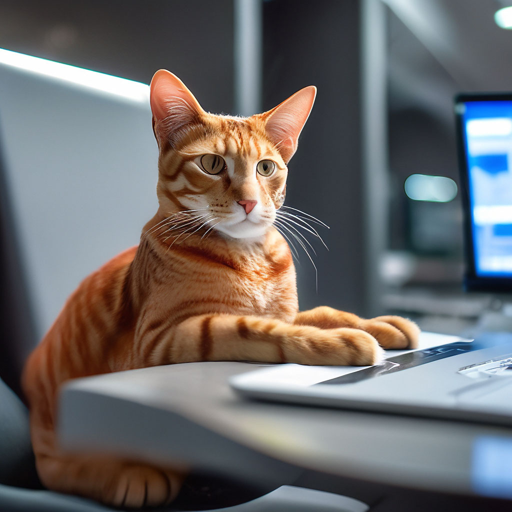 "Realistic photo, an analyst cat works at a macbook, a cat works in a ...