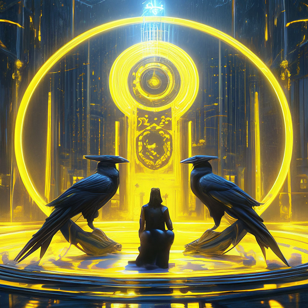 "The presence of the moon, cyber cult, yellow circle, yellow neon ...