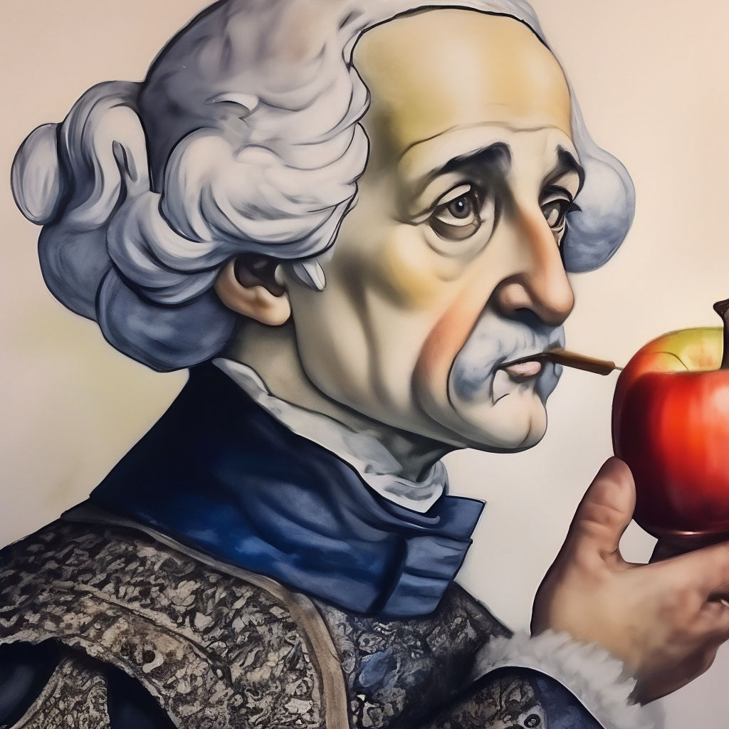 "Isaac Newton with an apple:: watercolor,drawing,black outline,liner ...