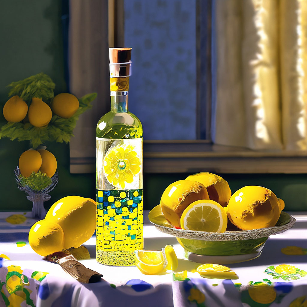 "A bottle of limoncello on the table, lemons on the tablecloth, a glass ...