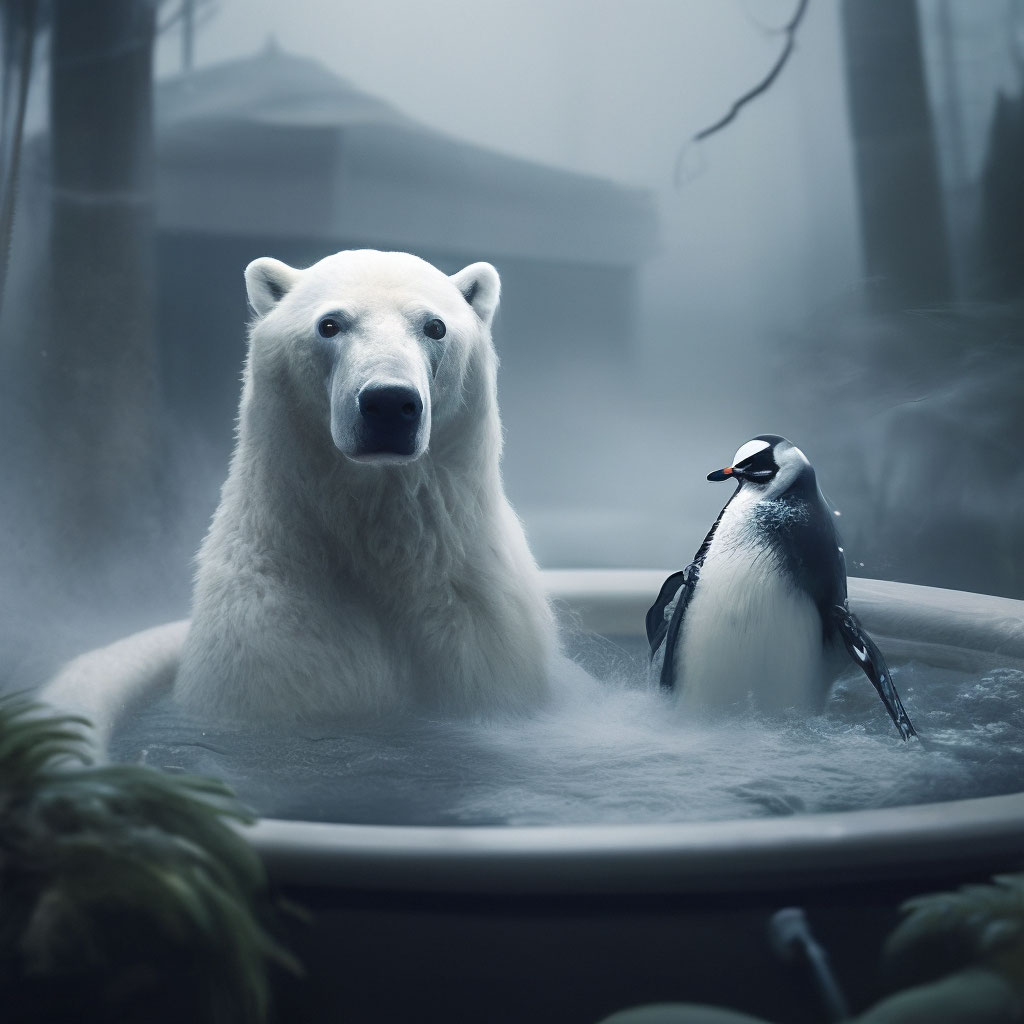 "Polar bear and penguin, in the jacuzzi" — image created in Shedevrum
