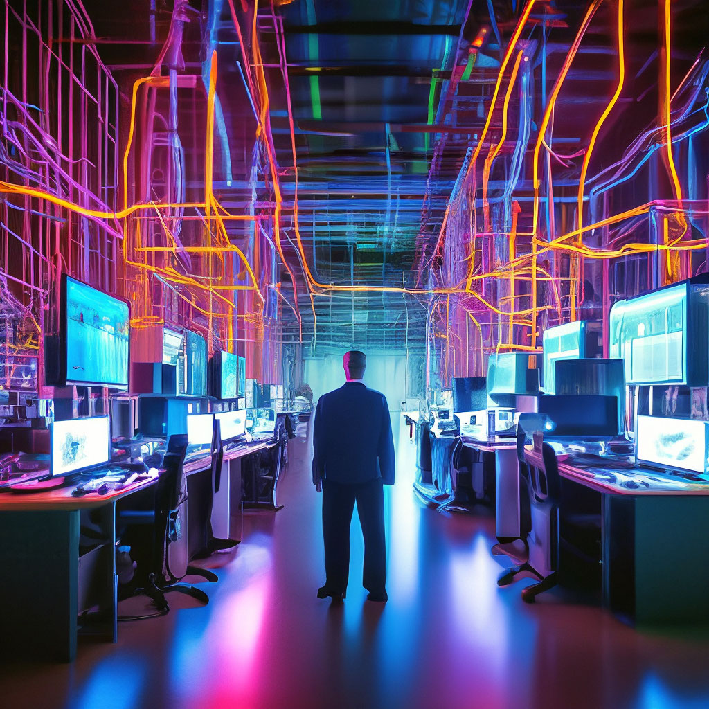 "Neural network - robot-nerons-wires, office, lots of computers, neon ...
