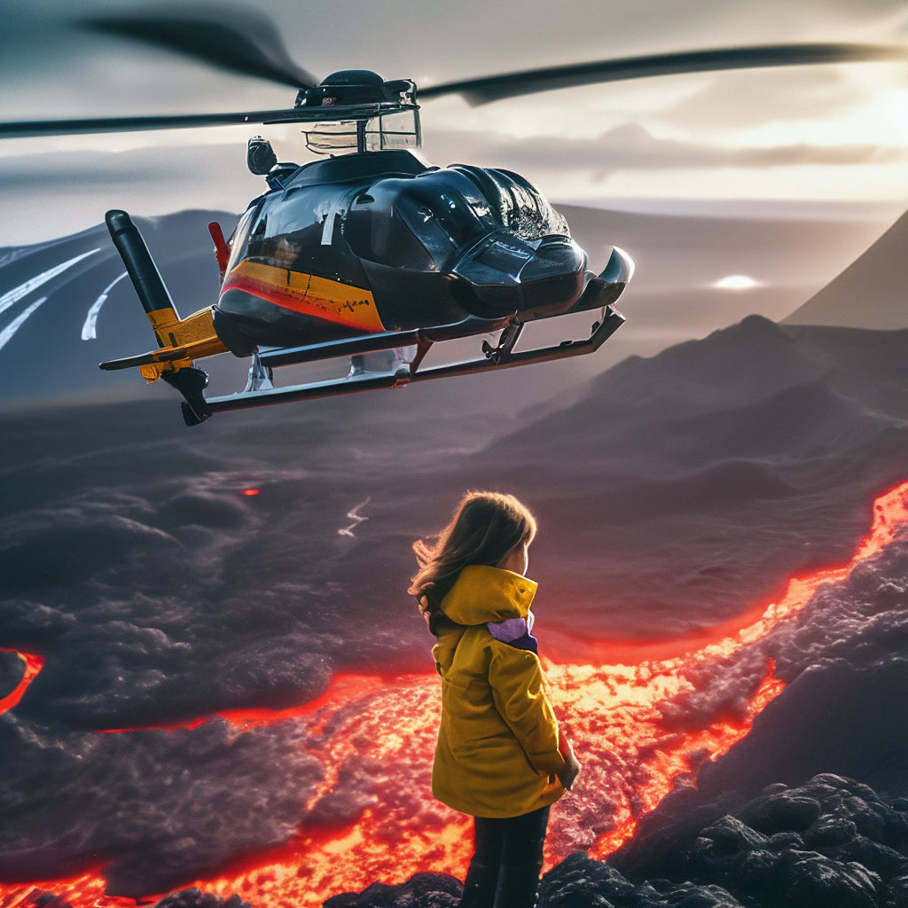 "A girl is flying in a helicopter, looking from a helicopter,over a ...