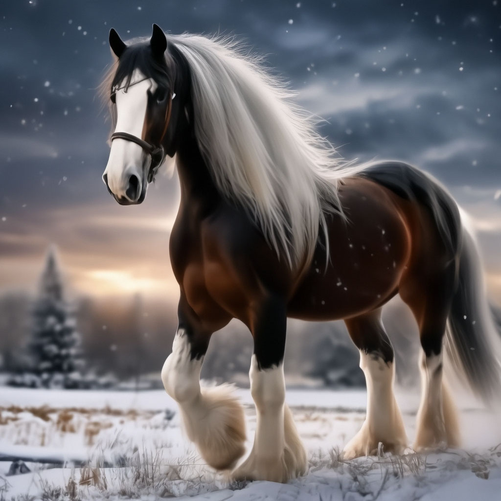 "Horse (Shire), very beautiful, with beautiful coat, on a snowy winter ...