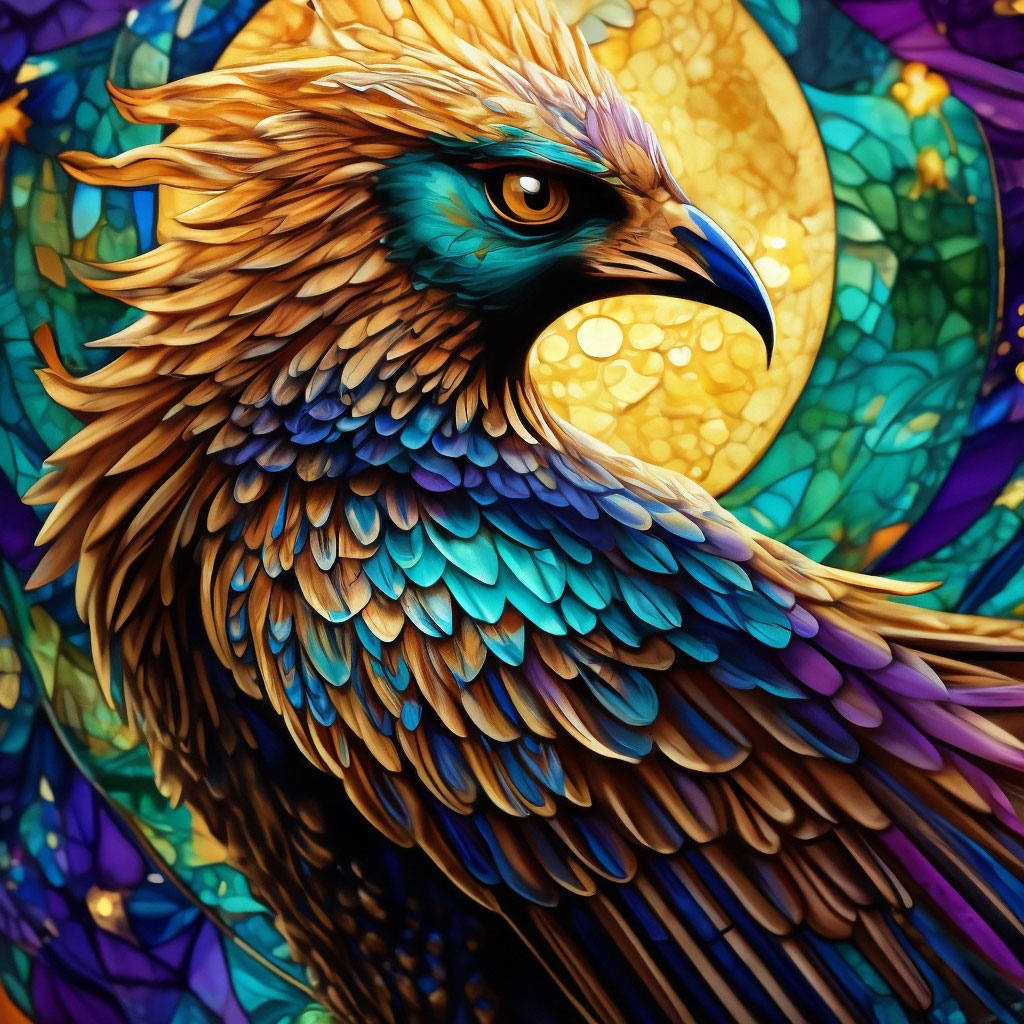 "Mythical creature, sirin bird, stars, stained glass sky, fantasy, moon ...