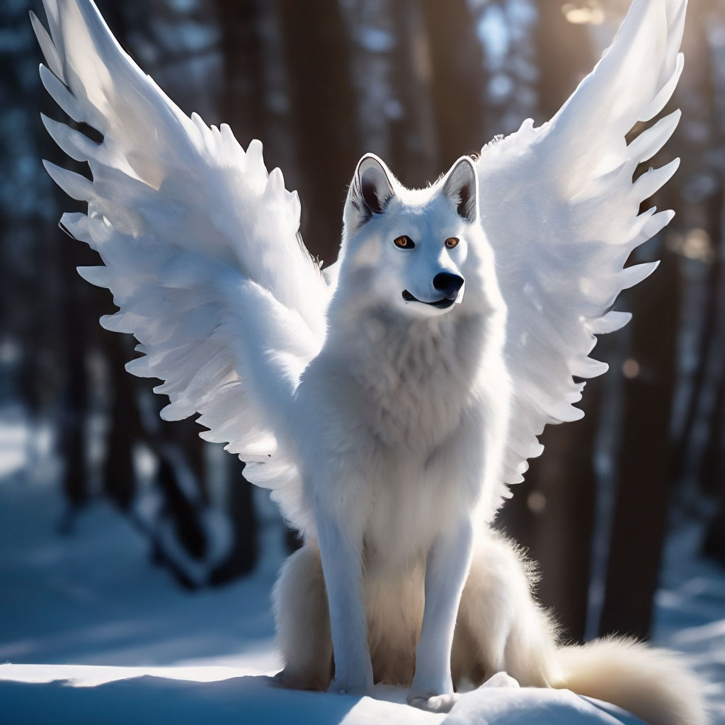 "Crystal angel big graceful, white wolf with big wings, aesthetically ...