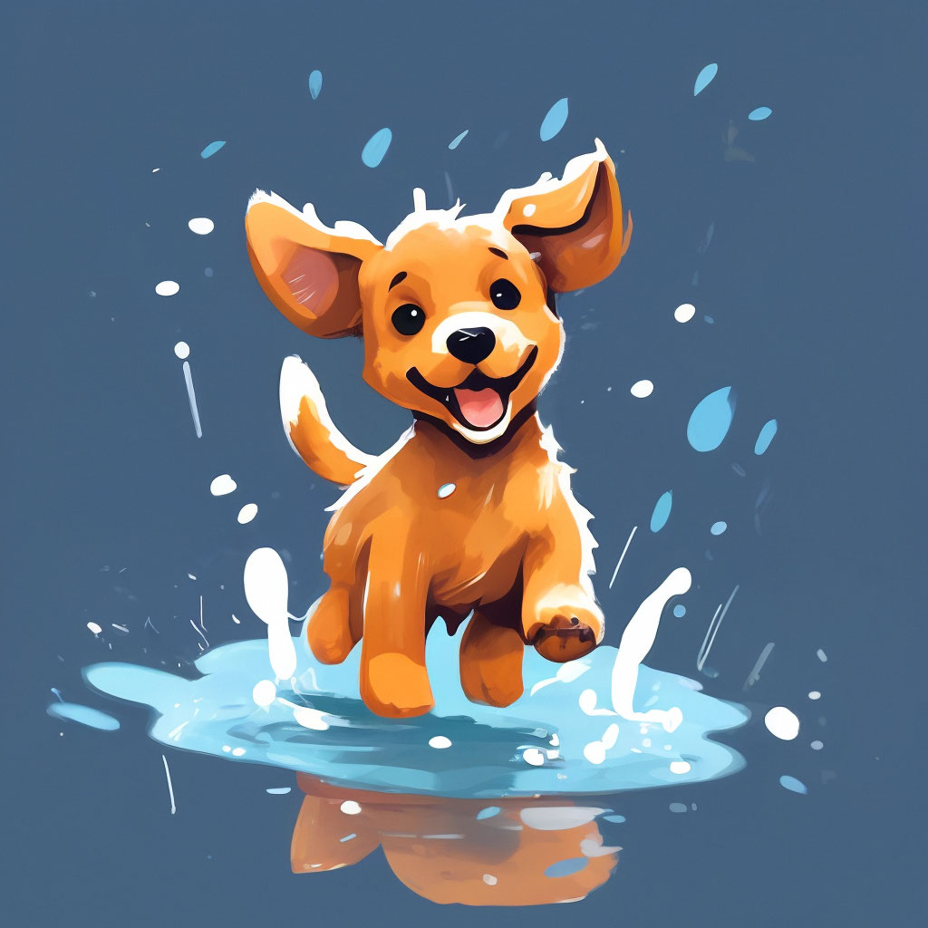 "Cute puppy splashing through puddles, rejoicing, it's raining ...
