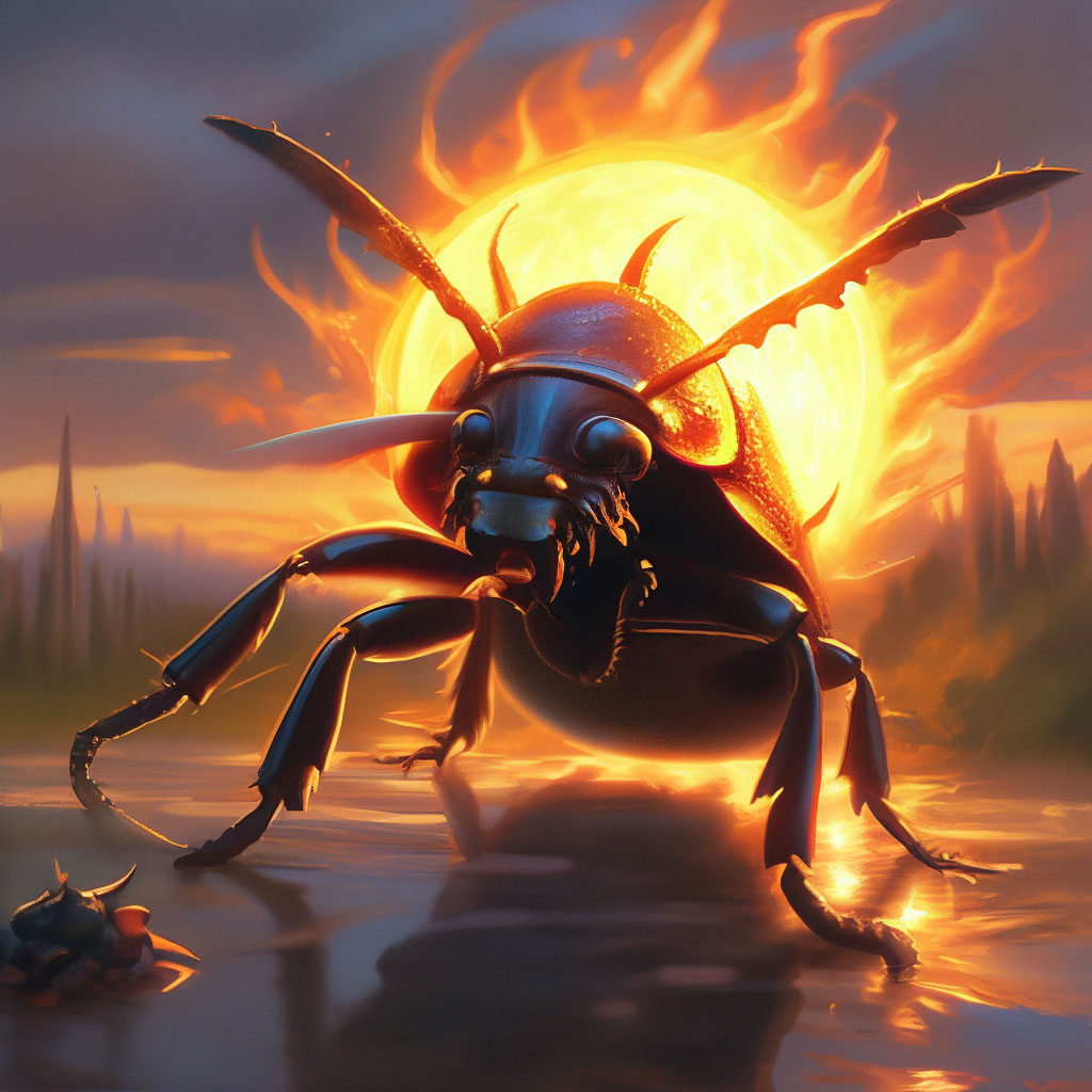 "The sun with a tragic expression and a burning beetle" — image created ...