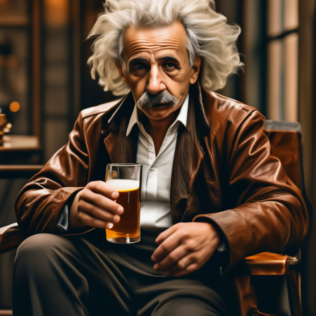 "Einstein is sitting drinking beer" — image created in Shedevrum