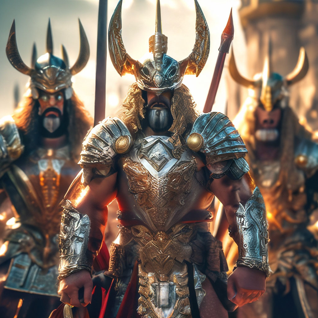 "Pagan wars. Mars, Thor, Svarozhich in shining armor with spears and ...
