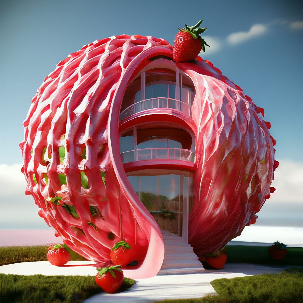 "Surrealism, a hybrid of strawberry + spherical spiral house. asymmetry ...