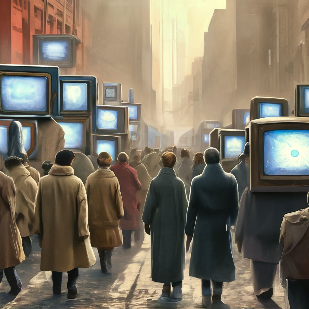 "A group of people walking down a street full of televisions with their ...