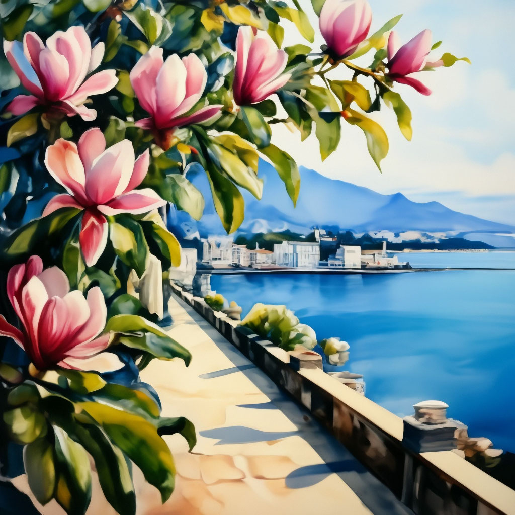 "Magnolia painted in watercolor, summer landscape, sea, embankment, 90s ...