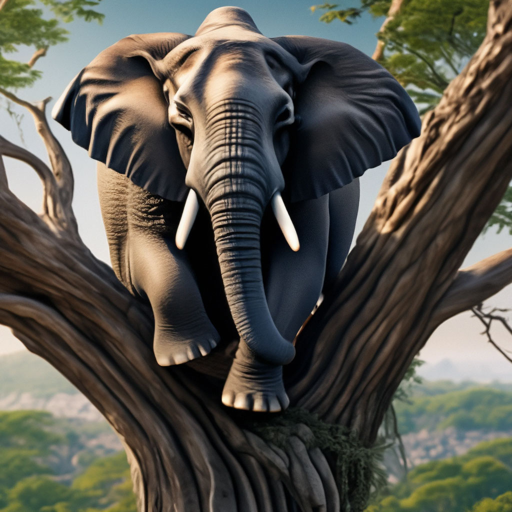 "Elephant on a branch an elephant climbs a tree, he has a nest there ...
