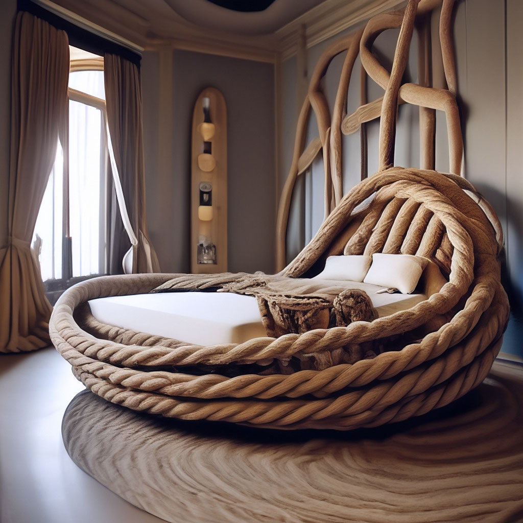 "Furniture, interior, rope bed, surrealism, detailing" — image created ...