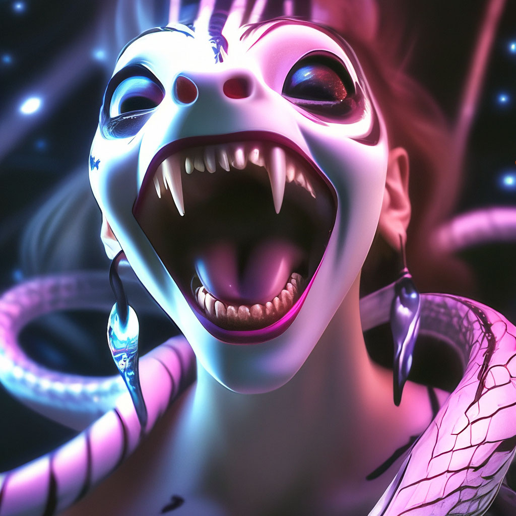 "CUTIE 🐉🐉 anthropomorphic girl snake woman in a rage, open mouth, bared ...
