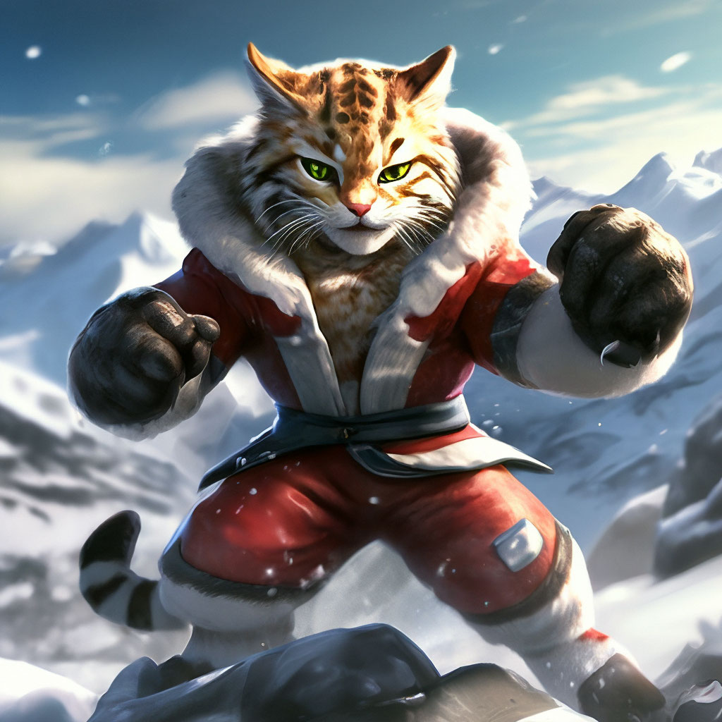 "Anthropomorphic aggressive cat from the game tekken 8 in combat stance ...
