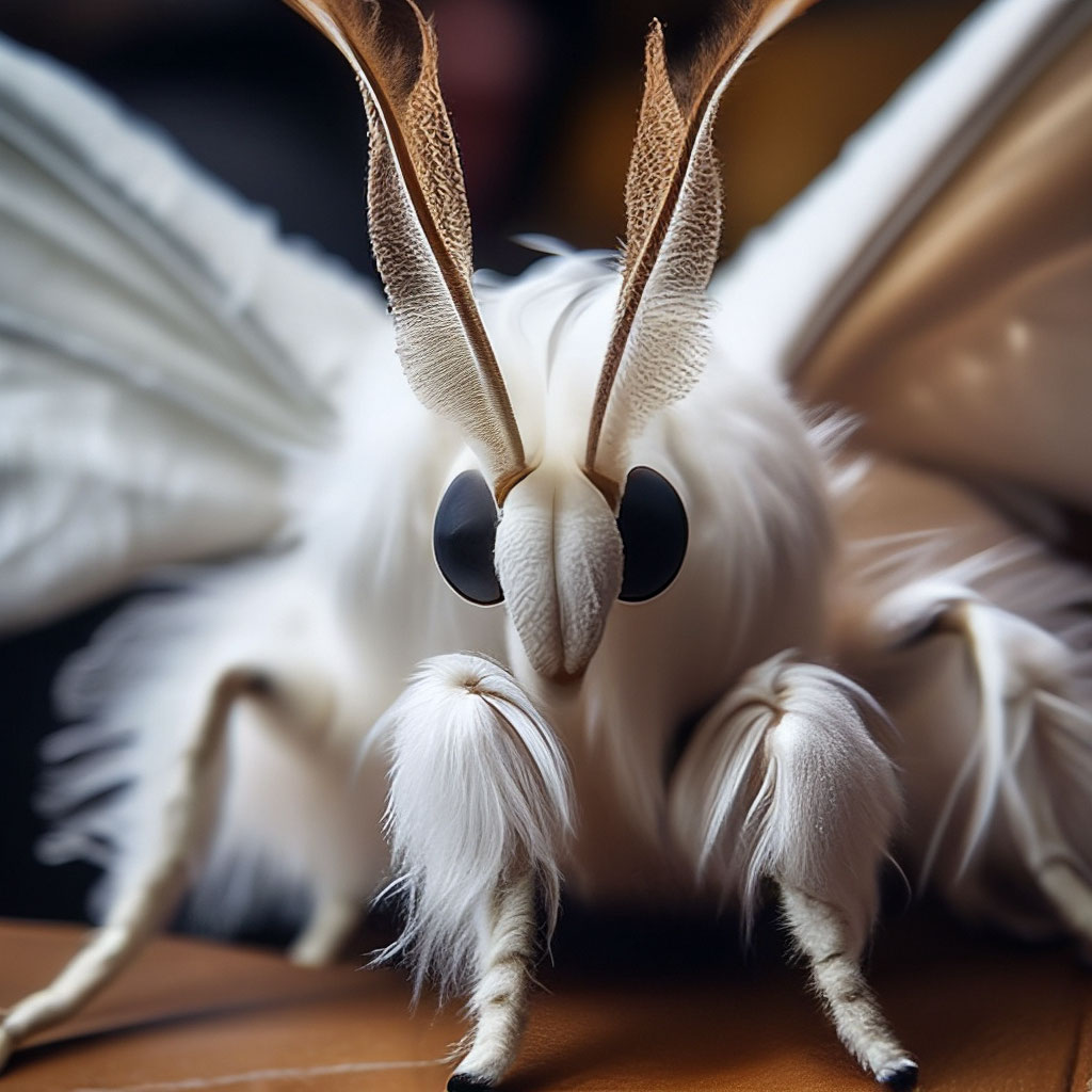 "White fluffy, shaggy silkworm with wings, looks like a moth, long ...