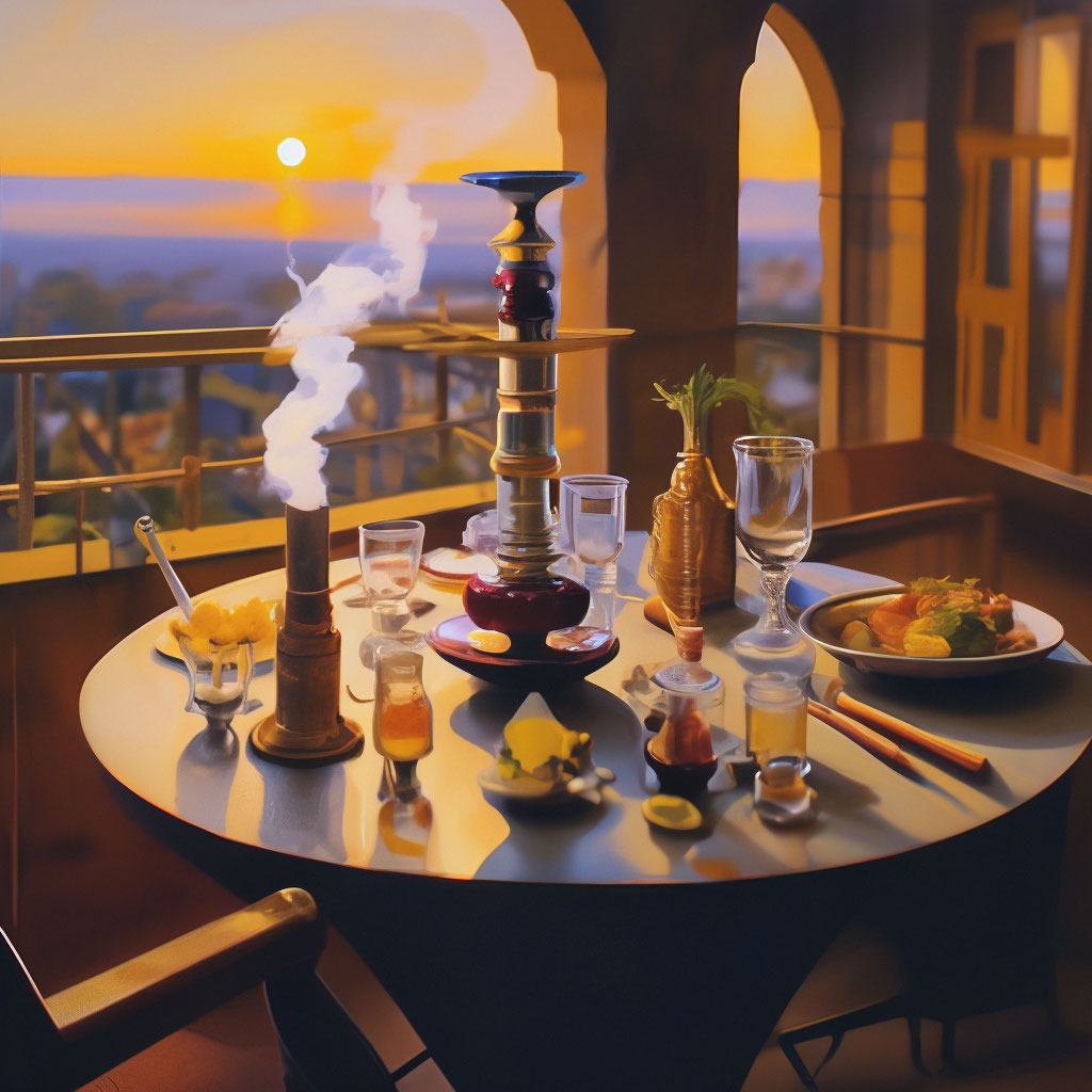 "Hookah, company at the table, evening, rest" — image created in Shedevrum