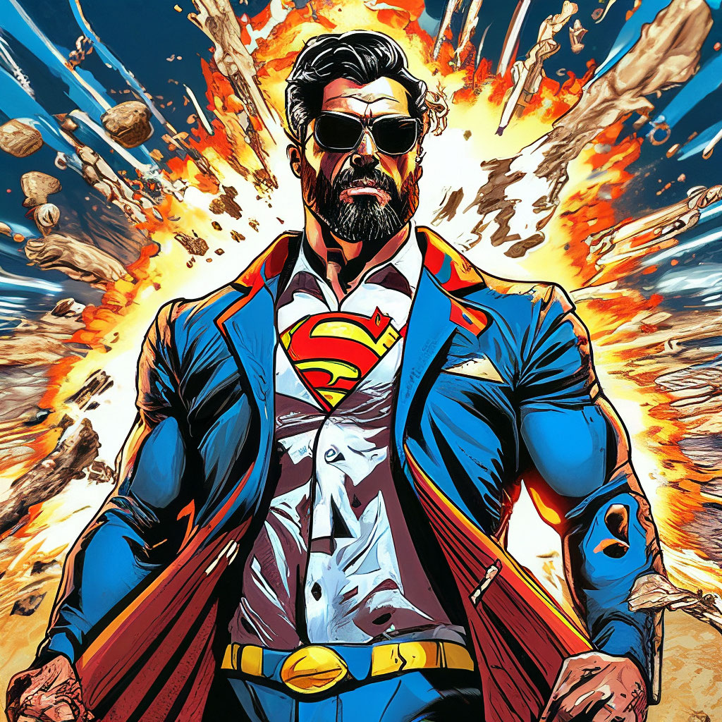"Superman in sunglasses with a beard and in a classic suit, realistic ...