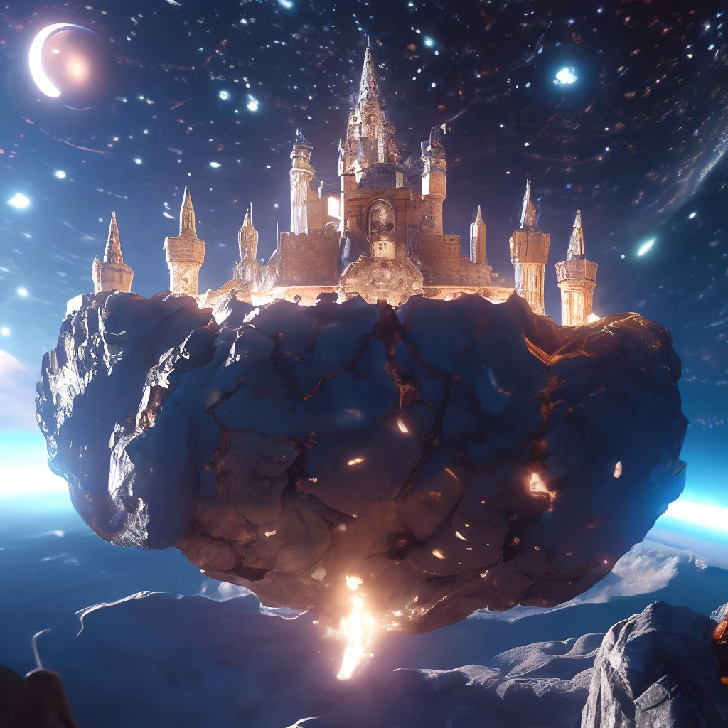 "For @Grimnodums Starry space, stars, a large majestic castle-fortress ...