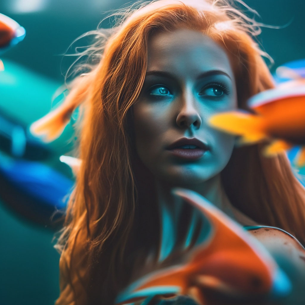 "Catfish, mermaid, bright happy colours + cinematic shot + photo taken ...