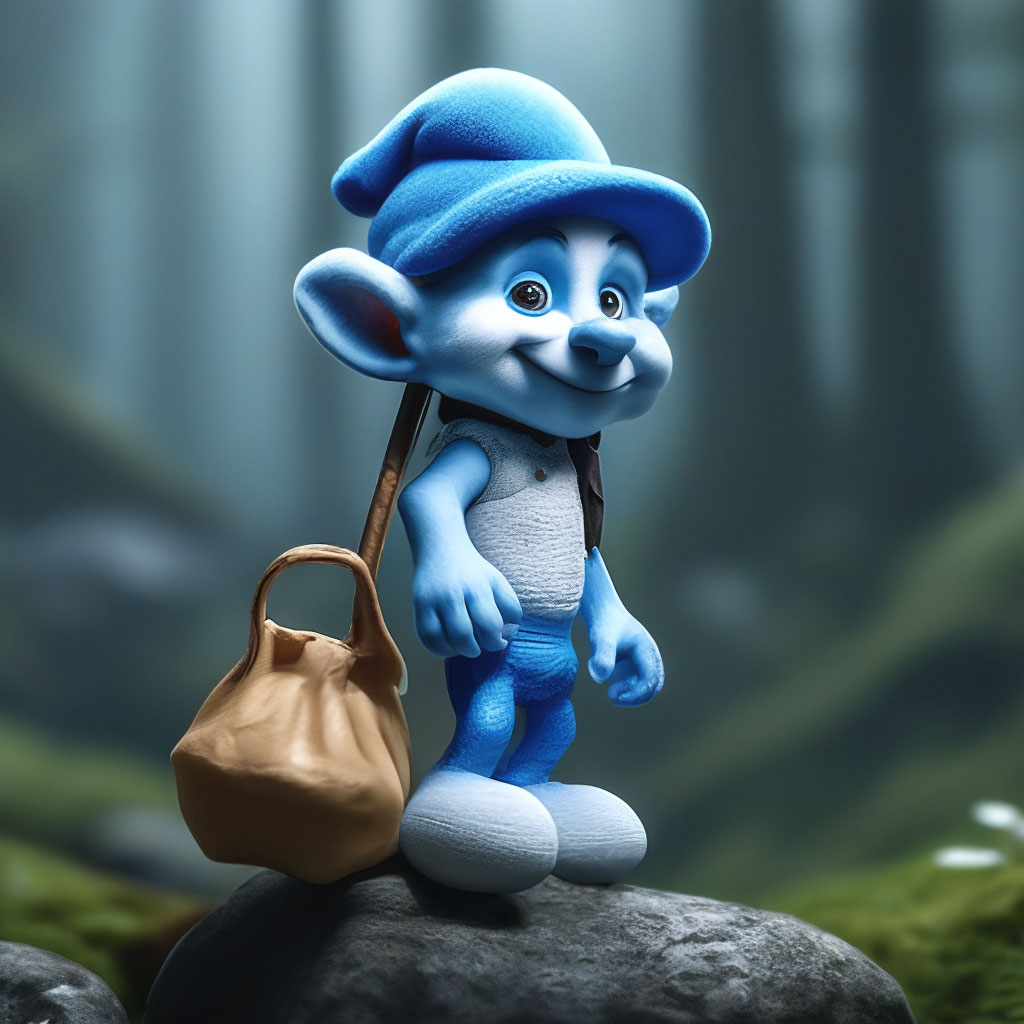"Smurf with a white hat, white pants, with a cat mustache, in the woods ...