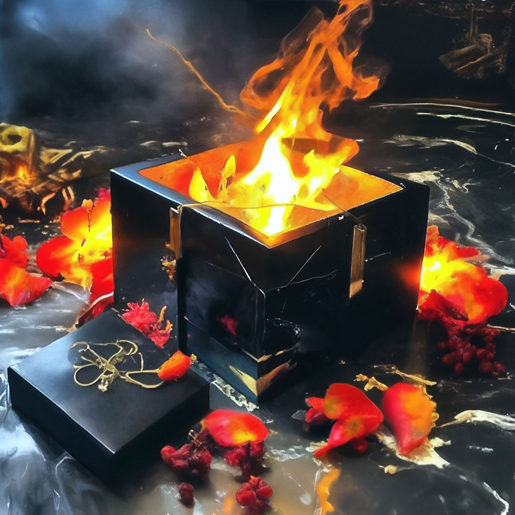 "Gifts Inside the black silk box lies a bright fire,cinematic,dark ...