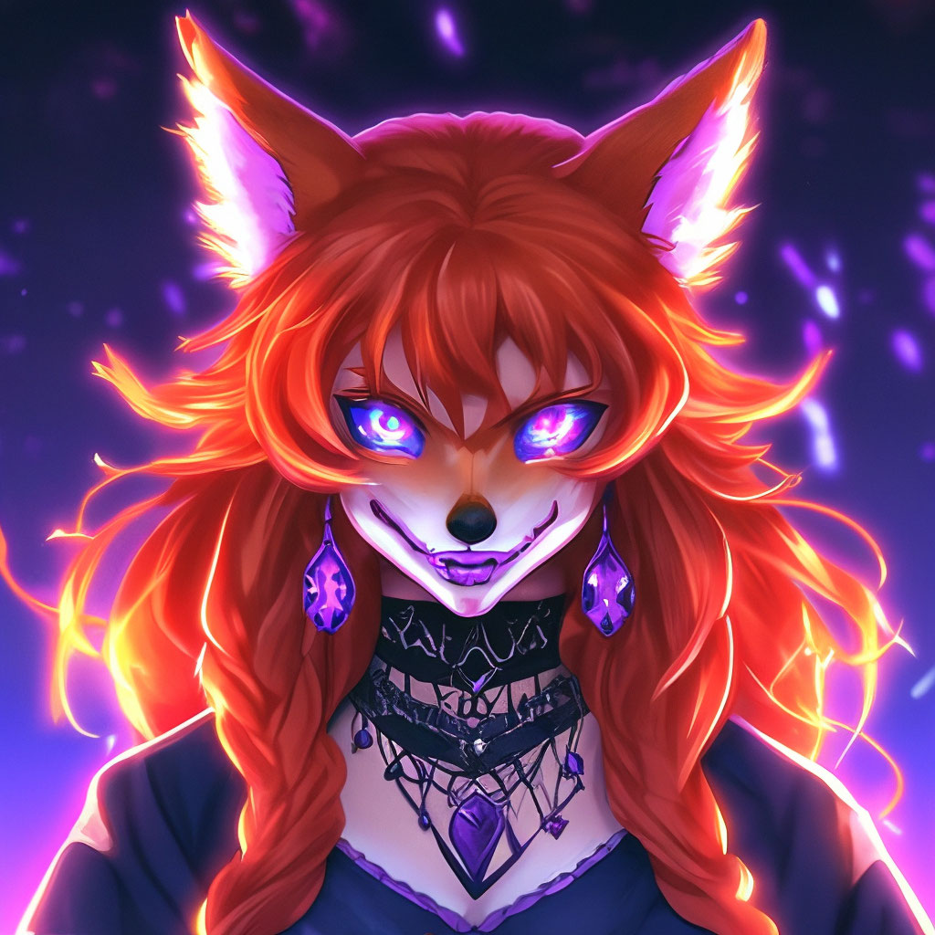 "Deadly fox girl with fangs + very long curly bright red hair ...