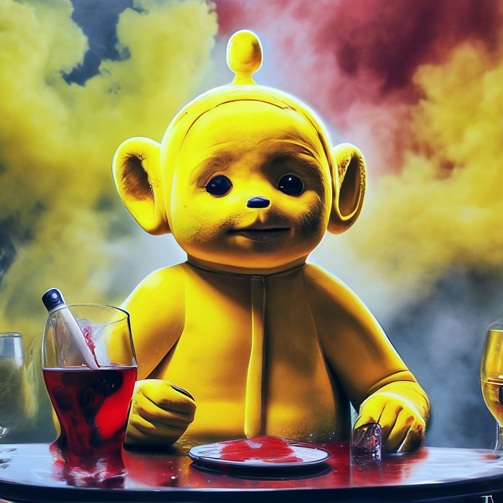 "Low viewing angle, low angle, scary evil drunk yellow teletubby ...