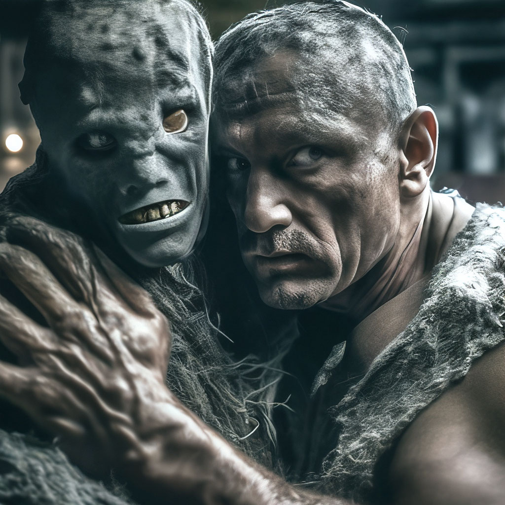 "Creepy symbiosis of a dirty rag and a man, gloomy, horror, tin, fear ...