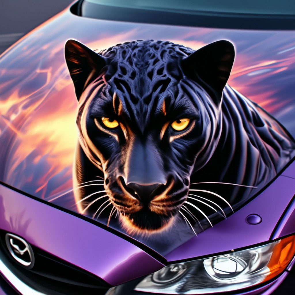 "Distant view, cartoon, mazda sh5, lilac metalic , the black panther's ...
