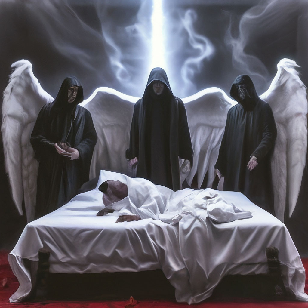 "Hyperrealism, a man is lying on his deathbed, two people are standing ...