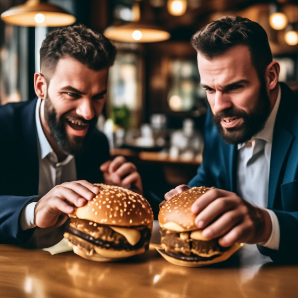 "Two men fight over a burger in a restaurant" — image created in Shedevrum