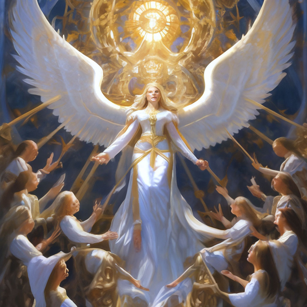 "A painting of an angel surrounded by angels, by Johfra Bosschart ...