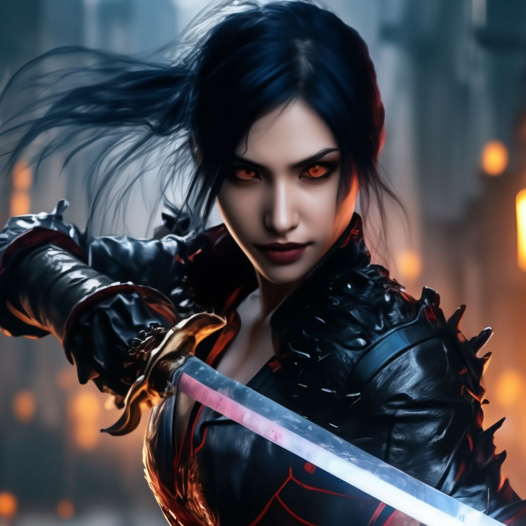 "Vampire girl with fangs, smile, chained, bright yellow eyes, blue hair ...